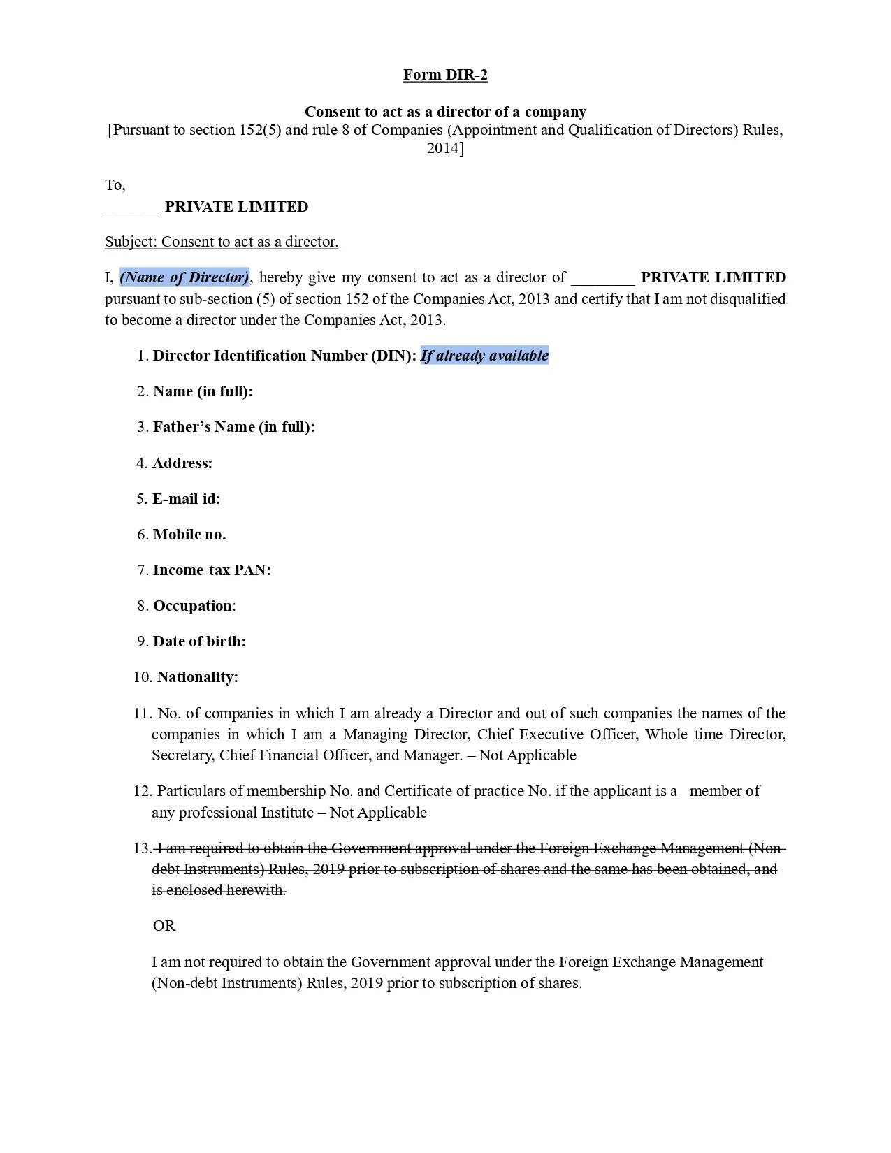 DIR 2 Form for Company Registration - Download Now